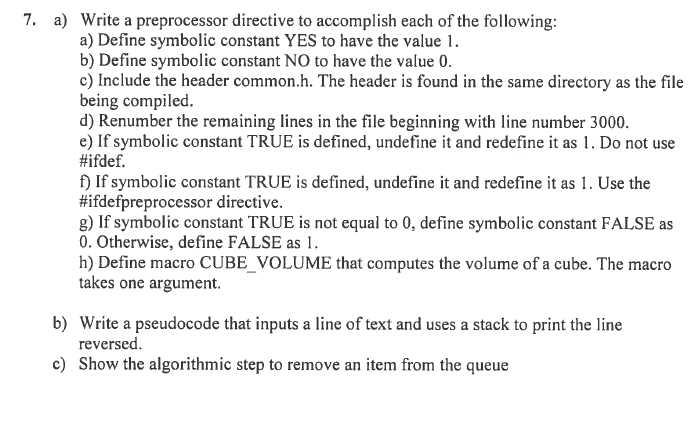 7. a) Write a preprocessor directive to accomplish | Chegg.com