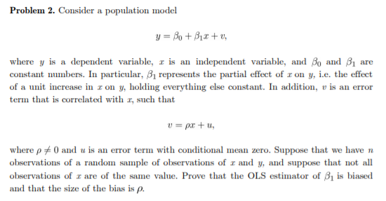 Solved Problem 2. Consider a population model y = Bo + B12 + | Chegg.com