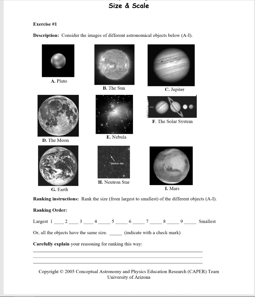 Solved astronomy ranking task Size and Scale | Chegg.com