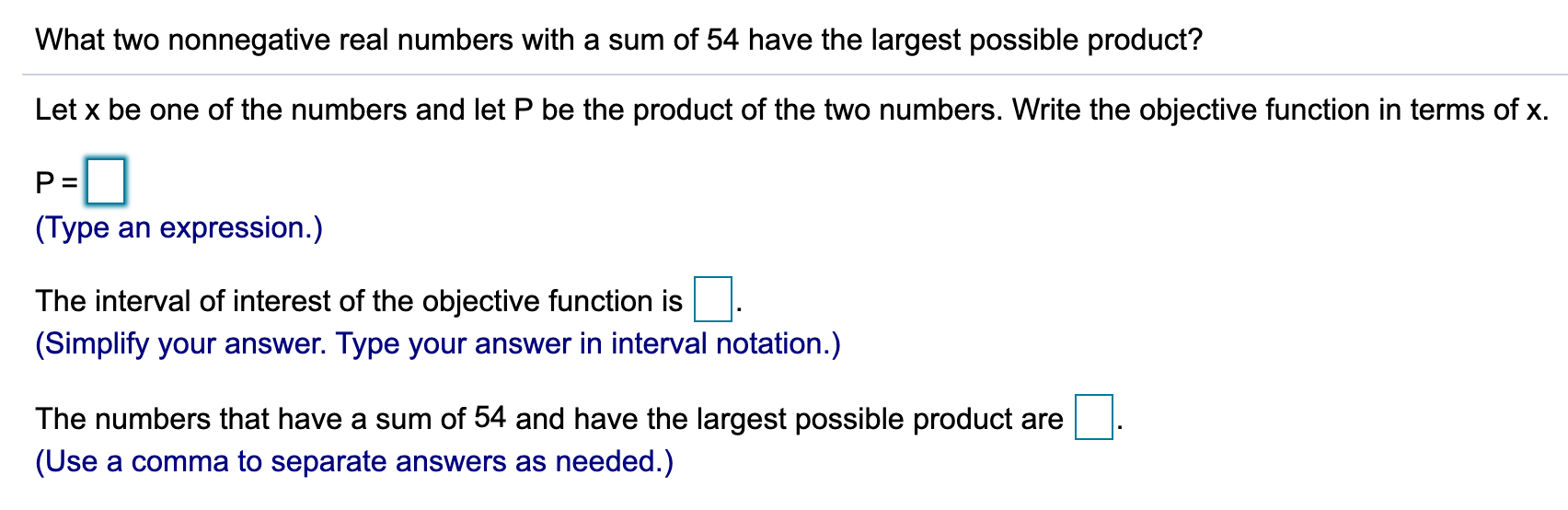 Solved What two nonnegative real numbers with a sum of 54 | Chegg.com