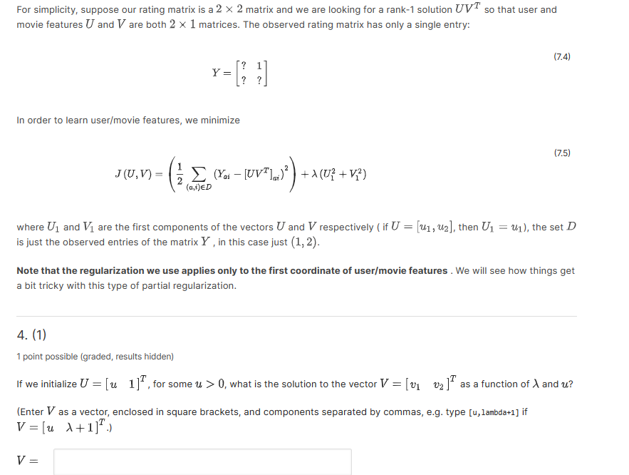 Solved For simplicity, suppose our rating matrix is a 2×2 | Chegg.com
