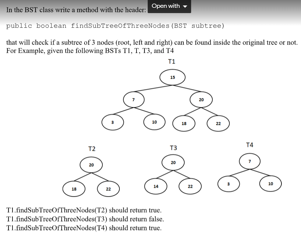 Solved Open with In the BST class write a method with the | Chegg.com