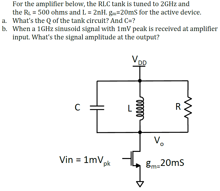 Solved For the amplifier below, the RLC tank is tuned to | Chegg.com