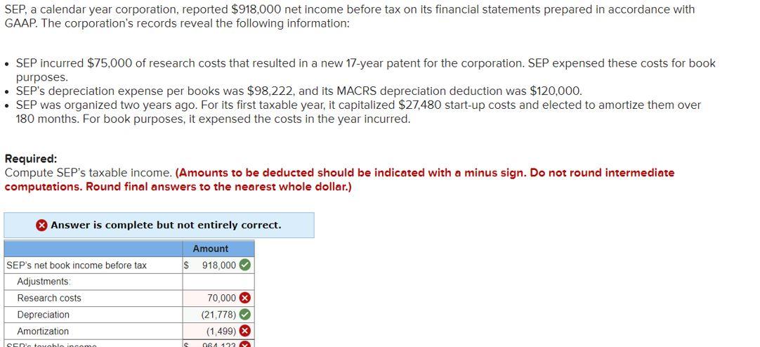 Solved SEP, a calendar year corporation, reported $918,000 | Chegg.com