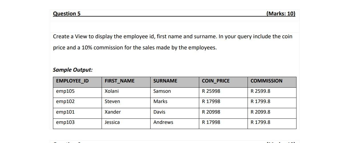 Solved Create a View to display the employee id, first name | Chegg.com
