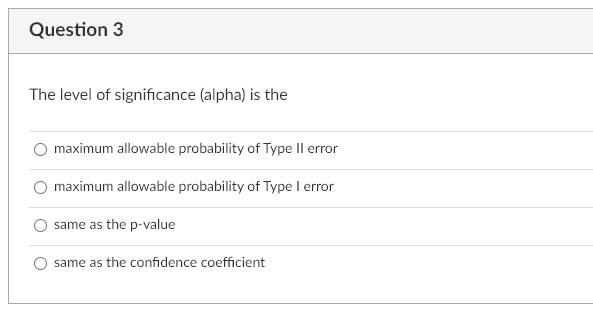 Solved Question 3 The level of significance (alpha) is the | Chegg.com