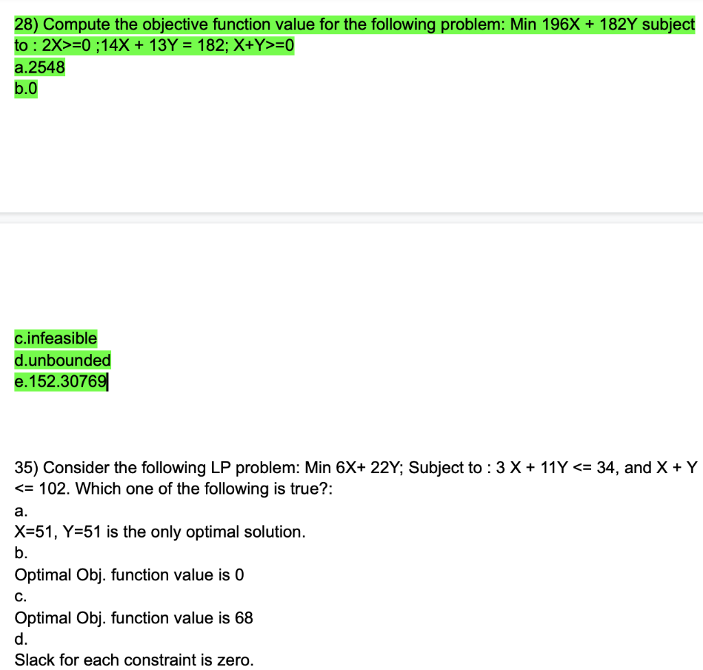 Solved 28) Compute the objective function value for the | Chegg.com