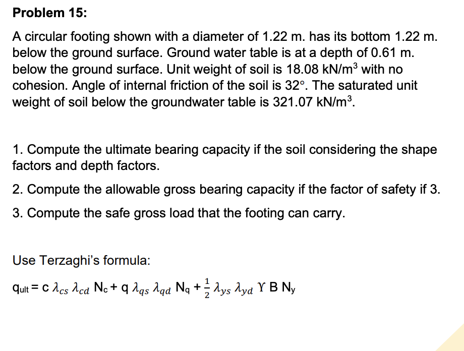Solved Problem 15: A circular footing shown with a diameter | Chegg.com