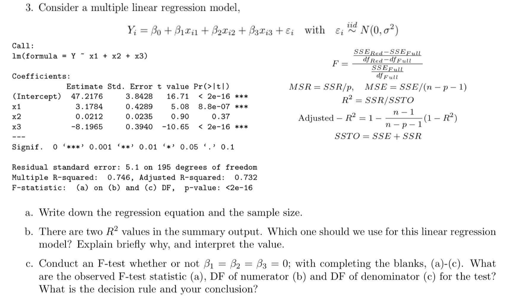 Solved 3. Consider a multiple linear regression model, Y; = | Chegg.com