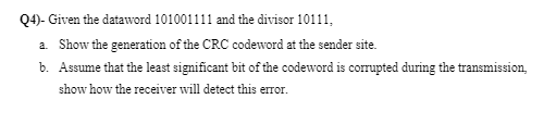 Solved Q4 Given The Dataword 101001111 And The Divisor