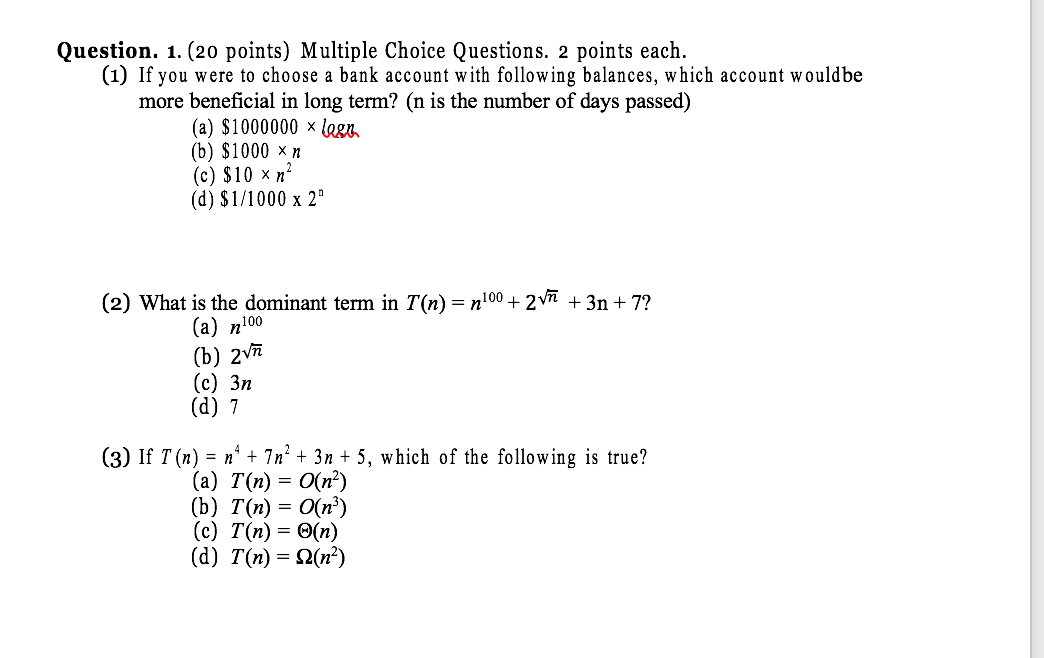 Solved Question. 1. (20 points) Multiple Choice Questions. 2 | Chegg.com Solved Question. 1. (20 points) Multiple Choice Questions. 2 | Chegg.com