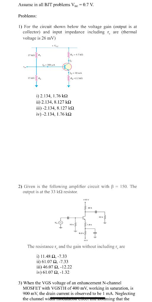 Solved Assume in all BJT problems Ve=0.7 V. Problems: 1) For | Chegg.com