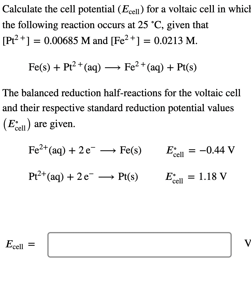 Solved Calculate the cell potential (Ecell ) for a voltaic | Chegg.com