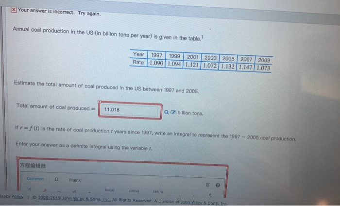 Solved 3 Your answer is incorrect. Try again. Annual coal | Chegg.com