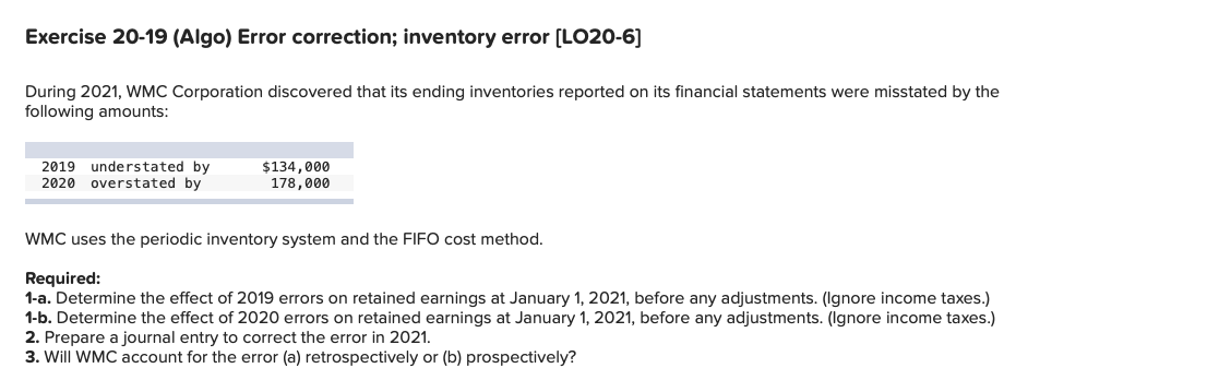 Solved Exercise 20-19 (Algo) Error correction; inventory | Chegg.com