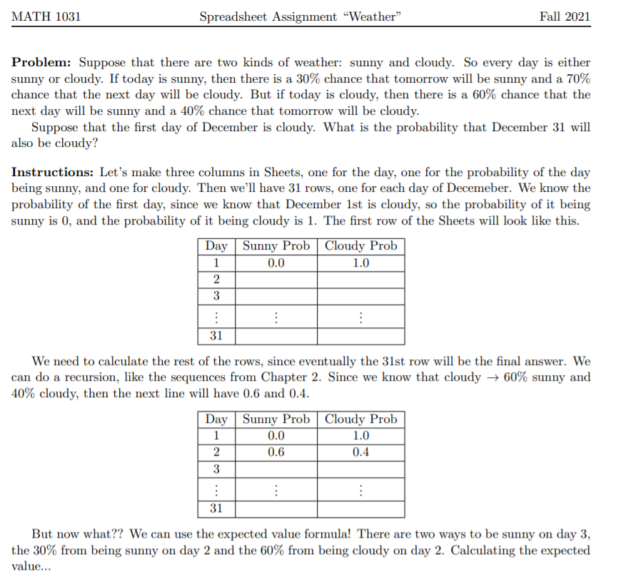Solved MATH 1031 Spreadsheet Assignment "Weather” Fall 2021 | Chegg.com