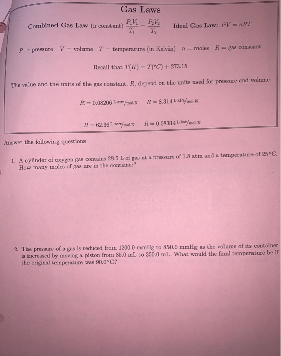Solved Gas Laws Combined Gas Law/n constant) -Ideal Gas Law: | Chegg.com