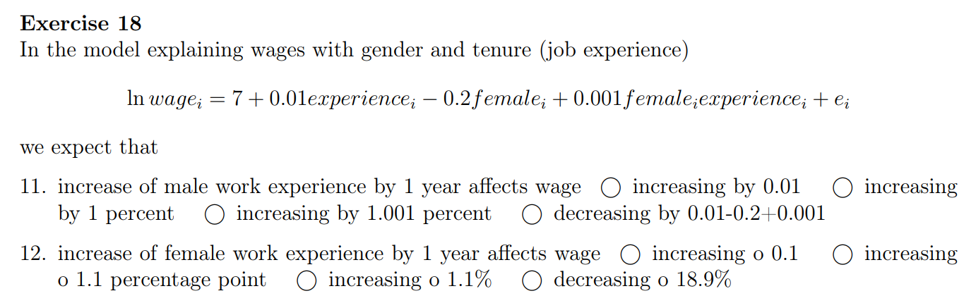 Solved Exercise 18 In the model explaining wages with gender | Chegg.com