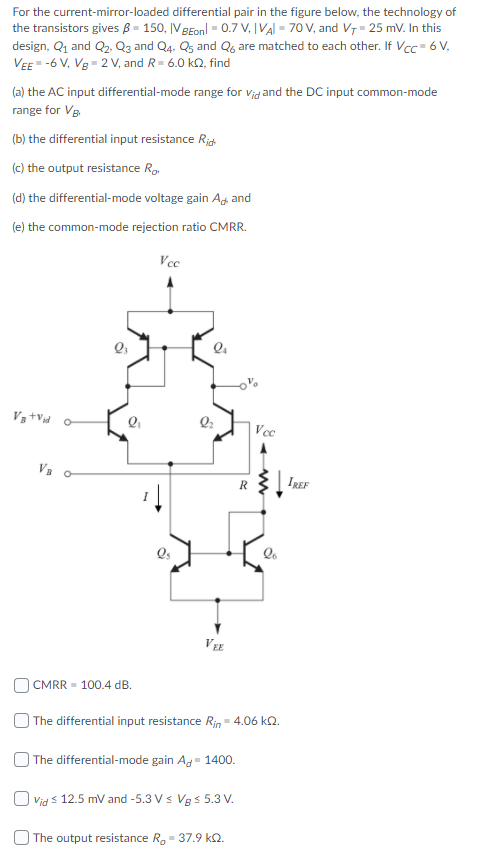 Solved For the current-mirror-loaded differential pair in | Chegg.com