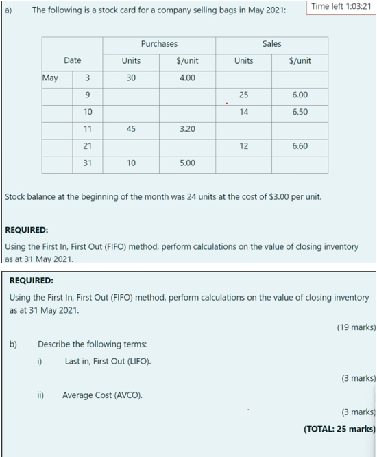 Solved a) The following is a stock card for a company | Chegg.com