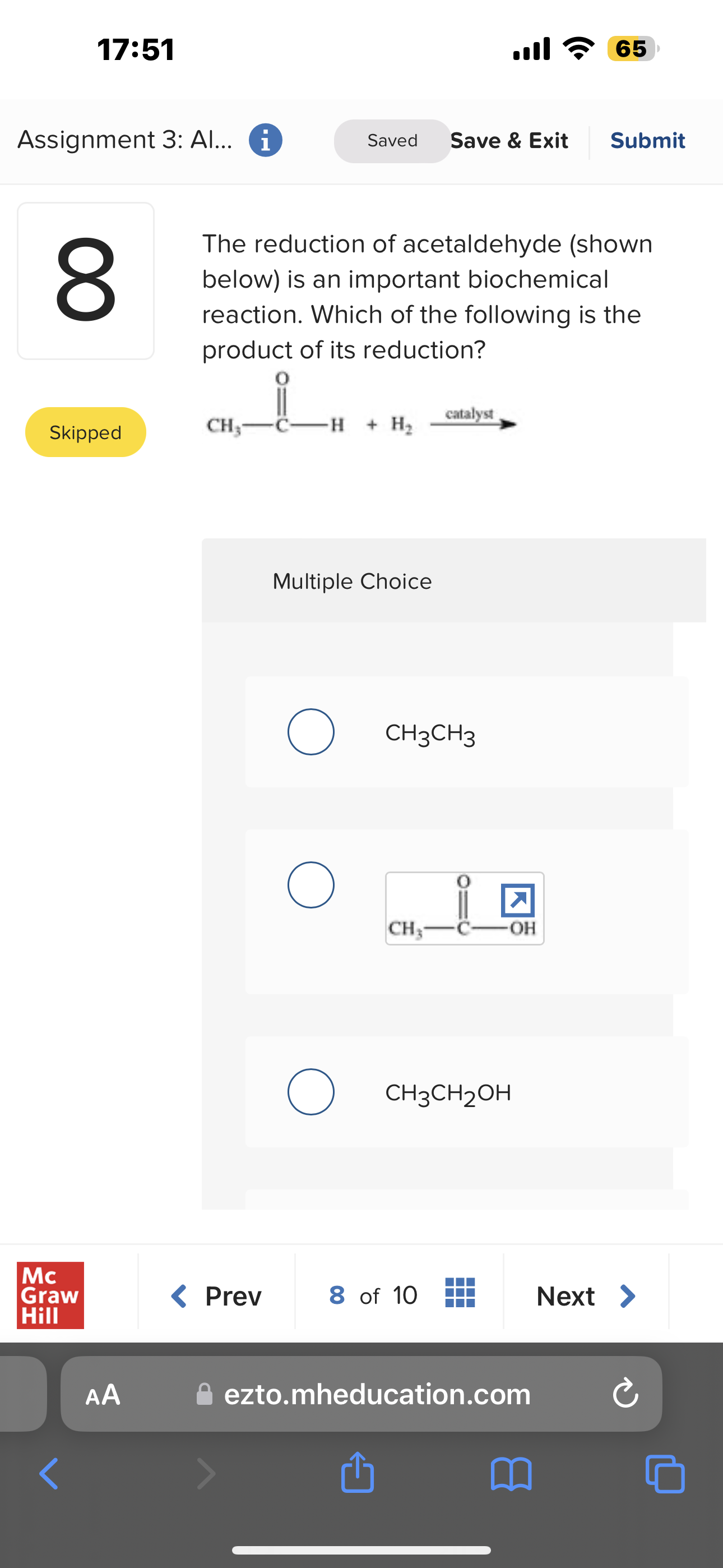 The reduction of acetaldehyde (shown below) is an | Chegg.com