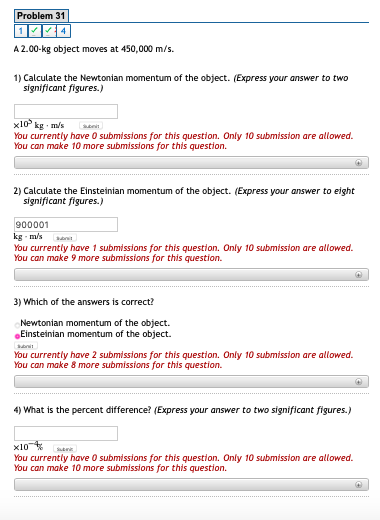 Solved Problem 31 1174 A2.00-kg object moves at 450,000 m/s | Chegg.com