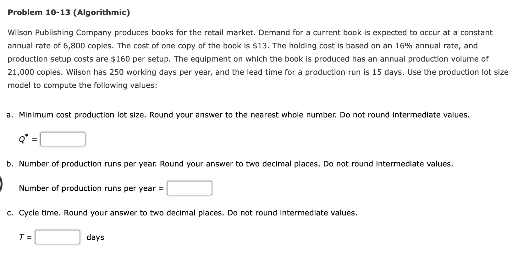 Solved Problem 10-13 (Algorithmic) Wilson Publishing Company | Chegg.com