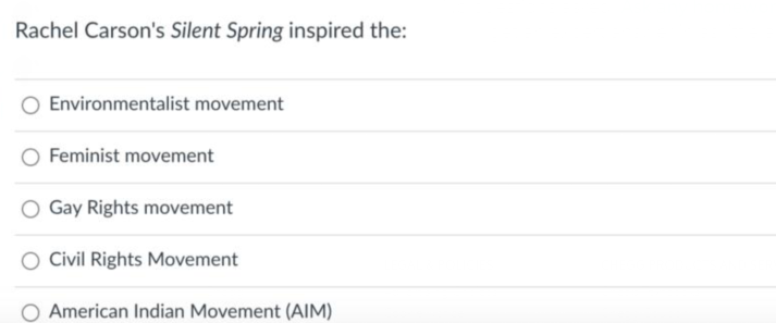 Solved Rachel Carson's Silent Spring inspired the: | Chegg.com