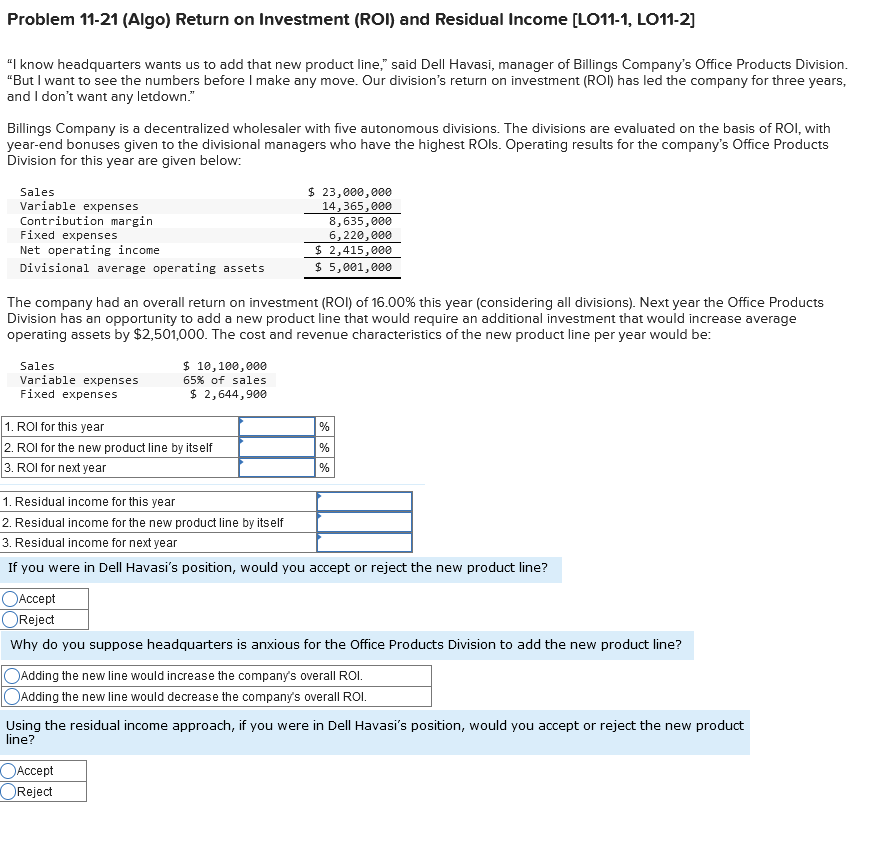 Problem 11-21 (Algo) Return on Investment (ROI) and | Chegg.com