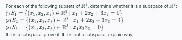 Solved = For each of the following subsets of R3, determine | Chegg.com