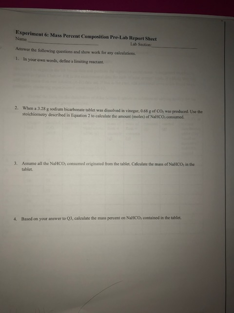 Solved Experiment 6: Mass Percent Composition Pre-Lab Report | Chegg.com