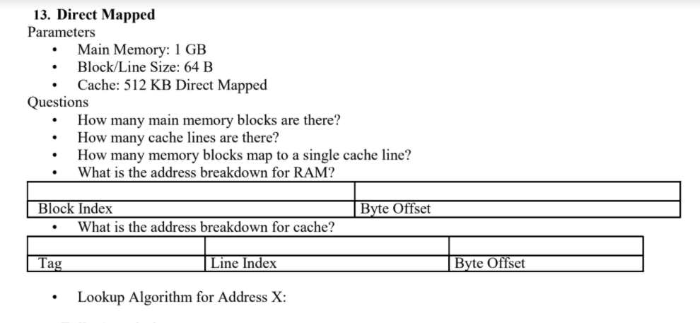 Solved 13. Direct Mapped Parameters Main Memory: 1 GB | Chegg.com