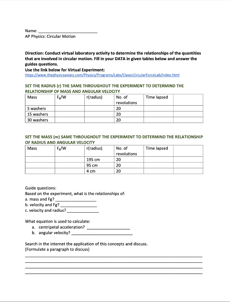 Name: AP Physics: Circular Motion Direction: Conduct | Chegg.com