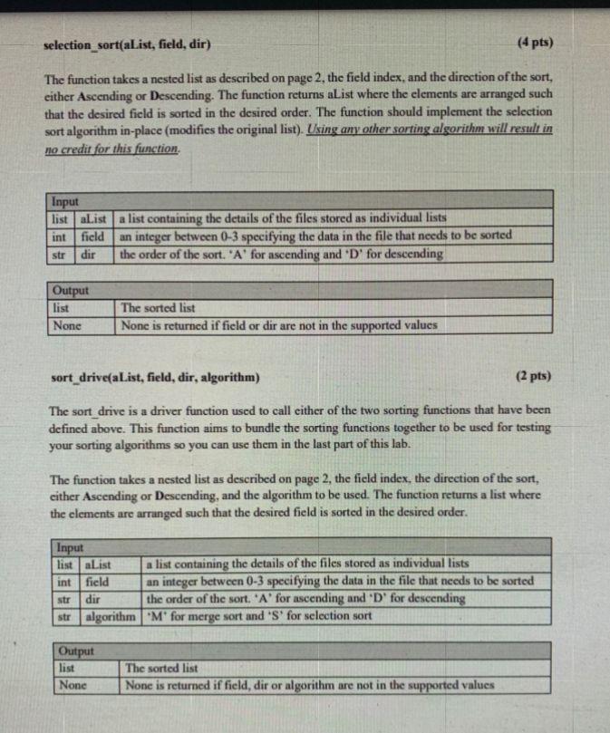 Solved selection_sort(aList, field, dir) (4pts) The function | Chegg.com