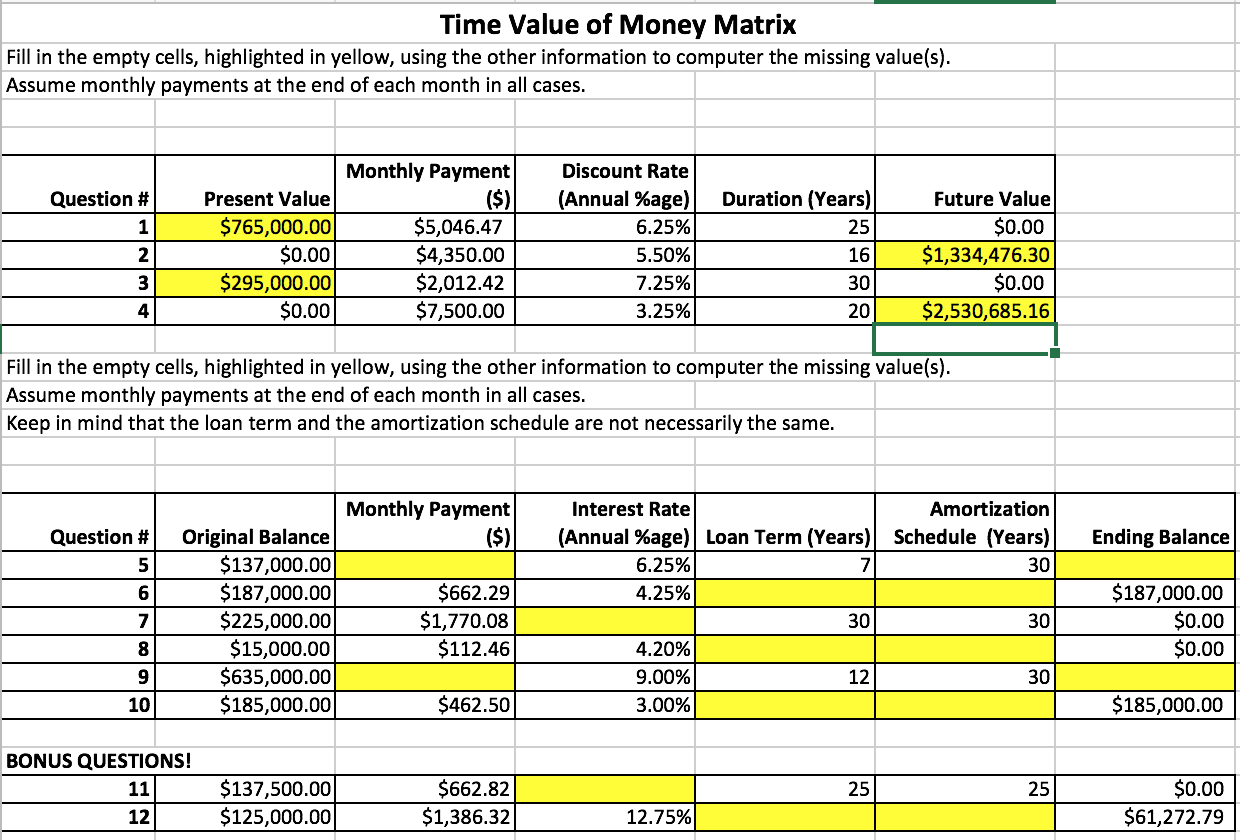 Solved Time Value of Money Matrix Fill in the empty cells, | Chegg.com