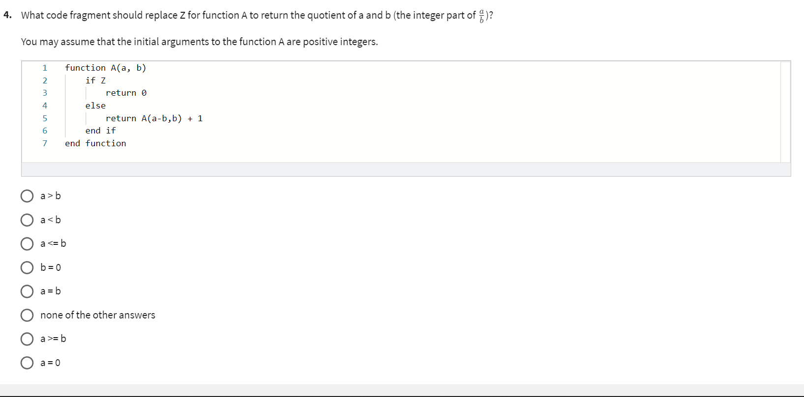Solved 4. What code fragment should replace Z for function A | Chegg.com