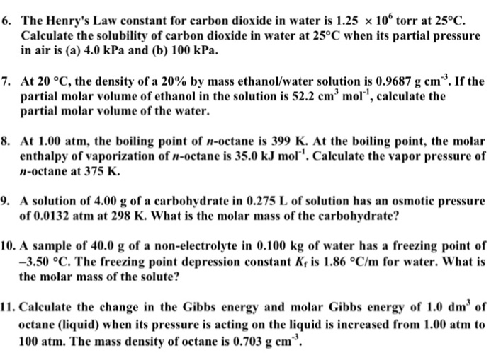 Solved 6 The Henrys Law Constant For Carbon Dioxide In