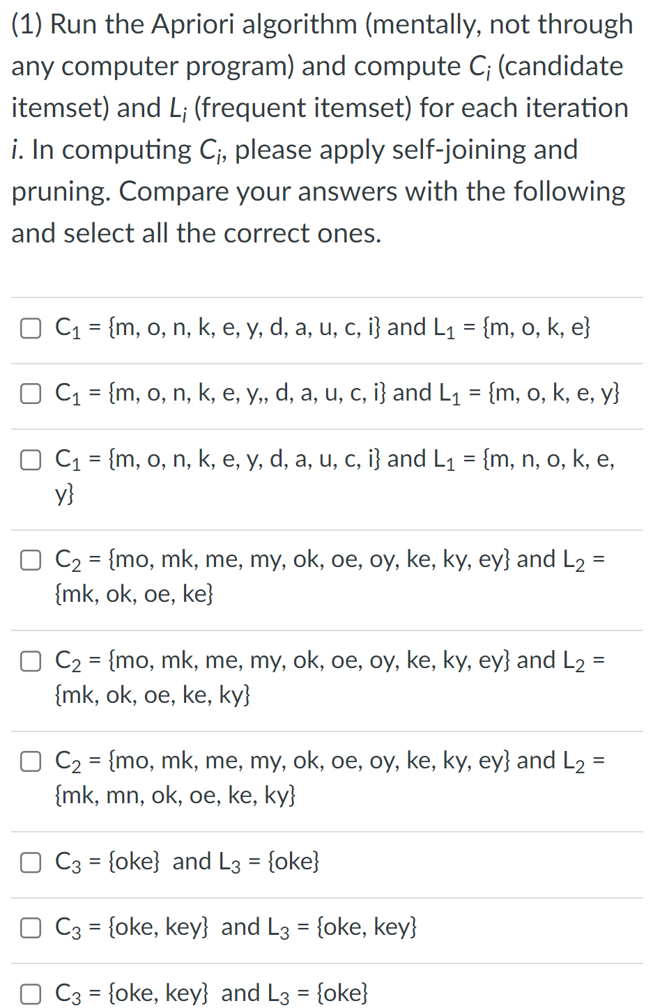 Solved (1) Run the Apriori algorithm (mentally, not through | Chegg.com
