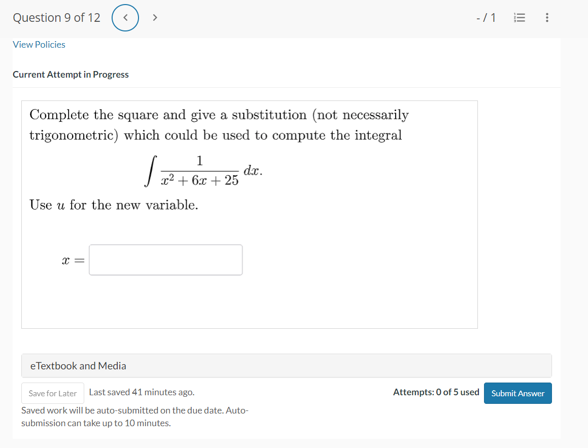 Solved Complete the square and give a substitution (not | Chegg.com