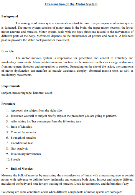 Solved Examination of the Motor System Background The main | Chegg.com