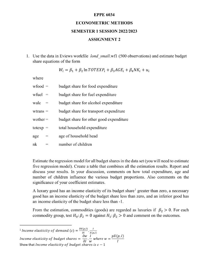 Solved EPPE 6034 ECONOMETRIC METHODS SEMESTER 1 SESSION | Chegg.com