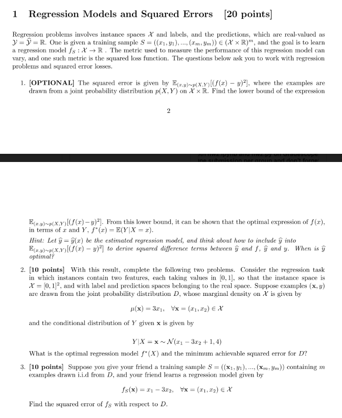 1 Regression Models and Squared Errors [20 points] | Chegg.com