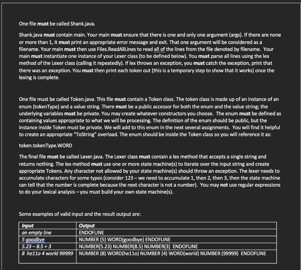 Solved One file must be called Shank.java. Shank.java must | Chegg.com