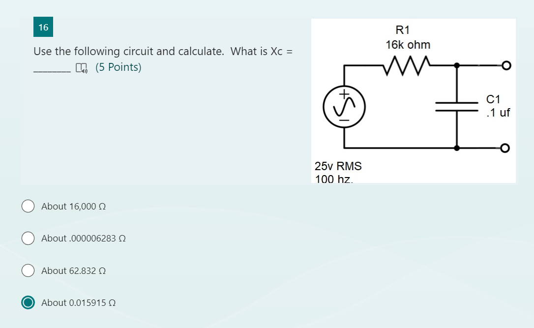Solved Use the following circuit and calculate. What is Xc= | Chegg.com