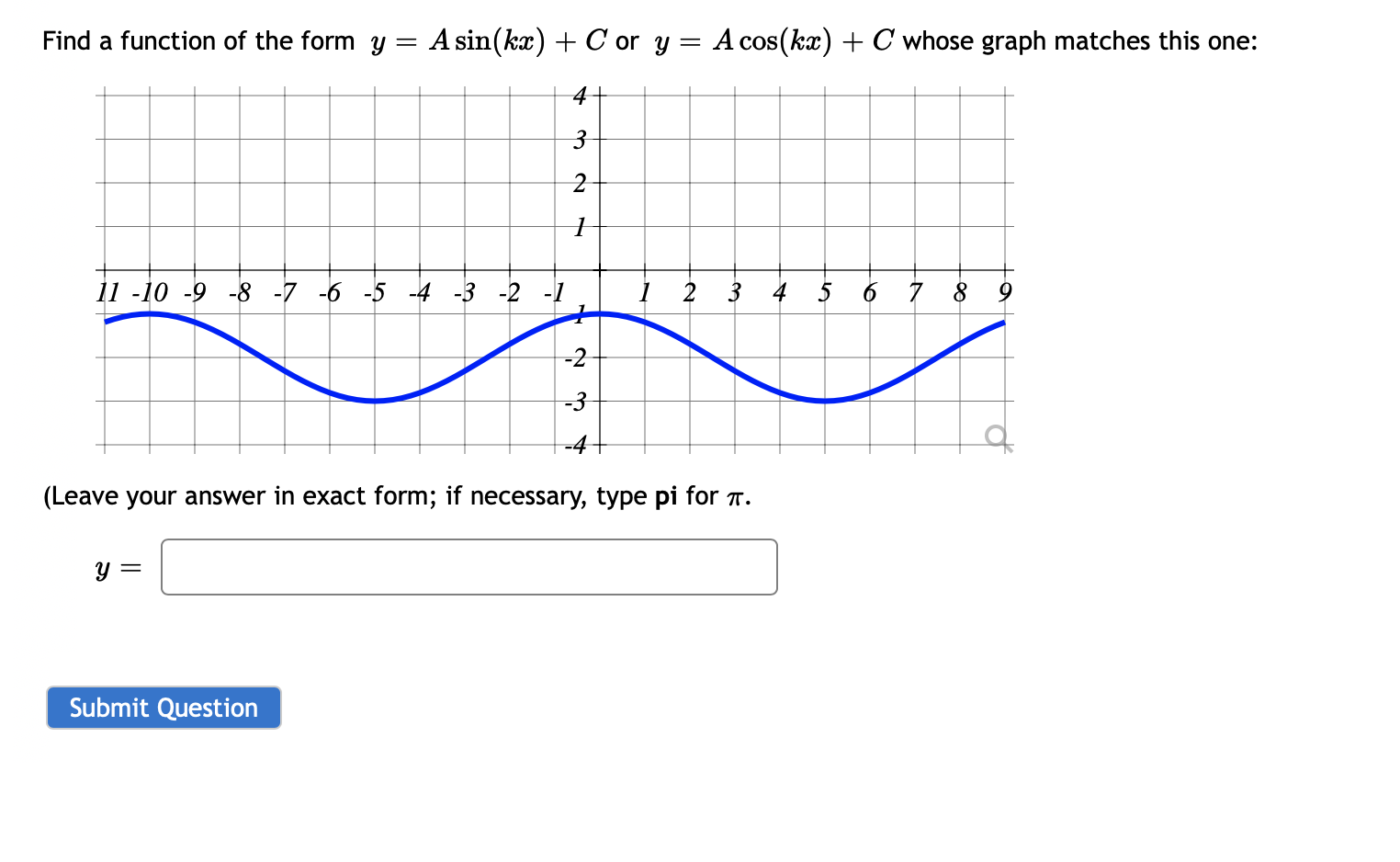 Solved Find a function of the form y= A sin(kx) + C or y= A | Chegg.com
