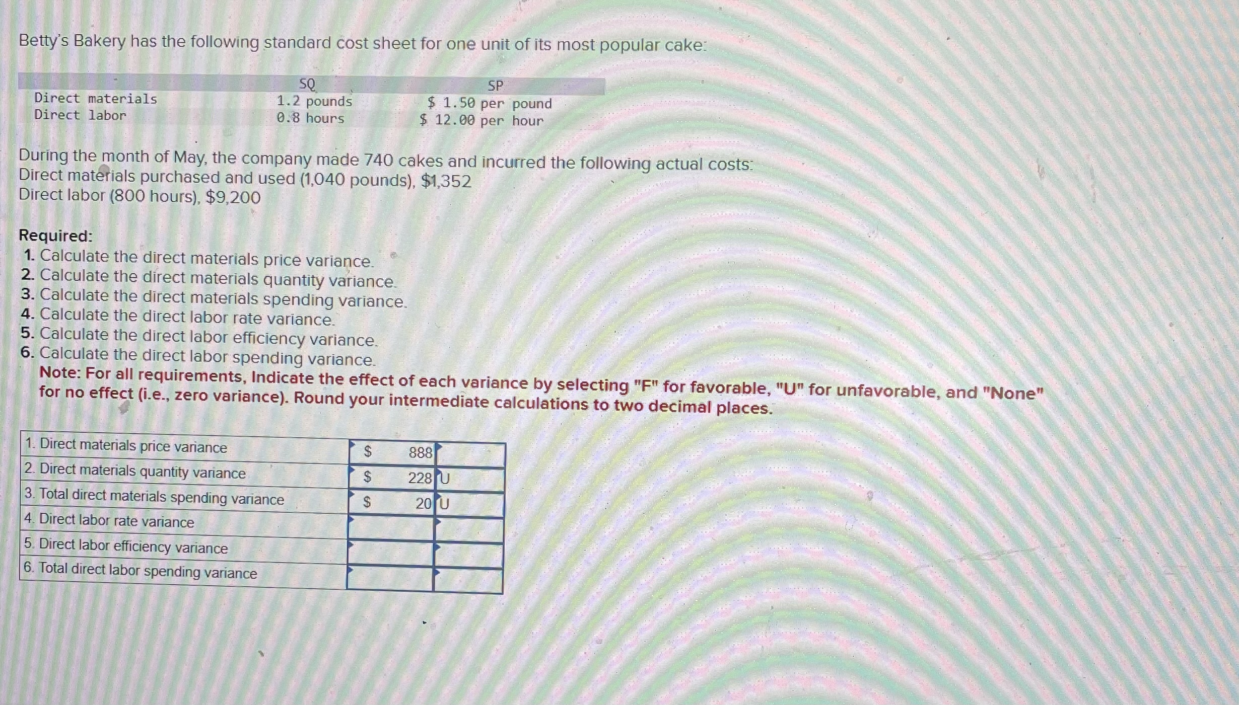 Solved Betty's Bakery has the following standard cost sheet | Chegg.com