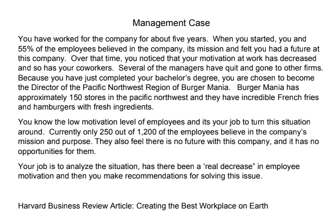 Solved Management Case You have worked for the company for | Chegg.com