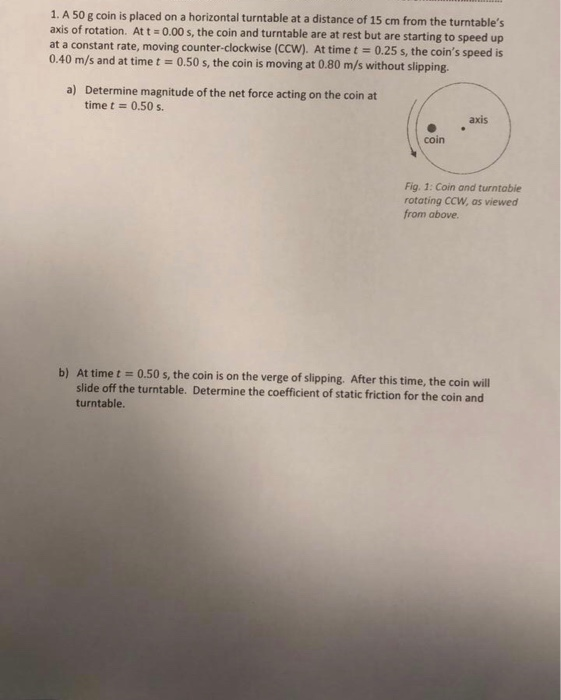 Solved 1. A 50 g coin is placed on a horizontal turntable at | Chegg.com