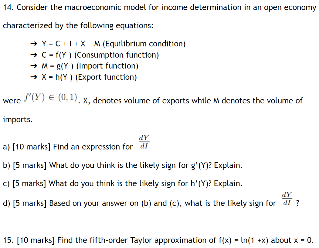 Solved 14. Consider the macroeconomic model for income | Chegg.com