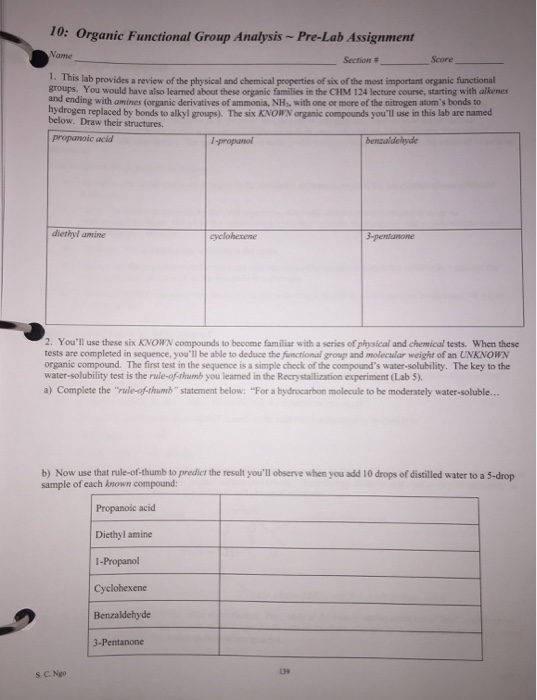 Solved 10: Organic Functional Group Analysis Pre-Lab | Chegg.com